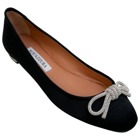 Aquazzura | Shoes | Aquazzura Black Satin Parisina Crystal Ballet Flats ...